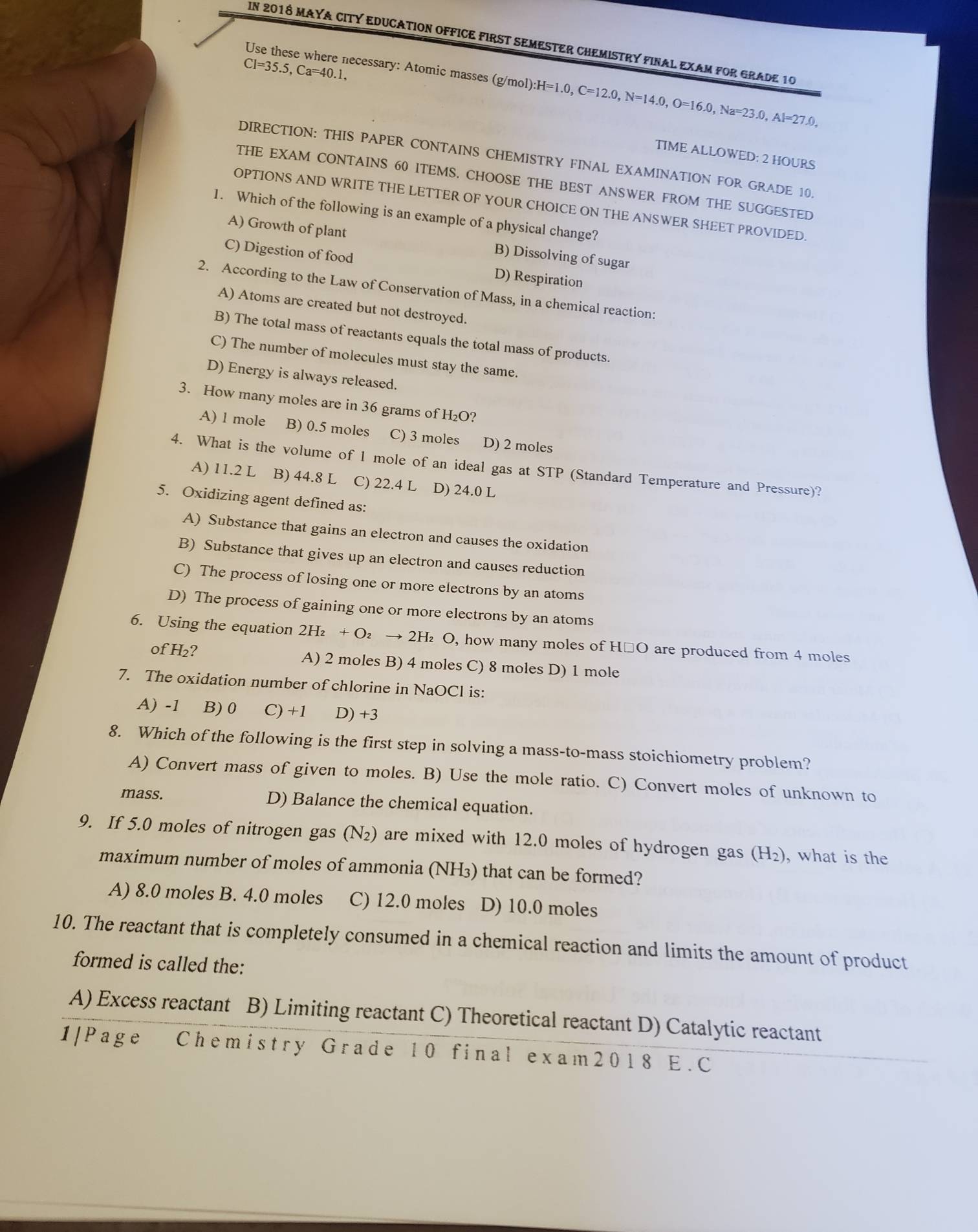 Gelöst:IN 2018 MAYA CITY EDUCATION OFFICE FIRST SEMESTER CHEMISTRY ...