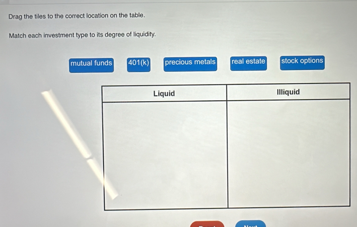 Solved: Drag the tiles to the correct location on the table. Match each investment type to its ...