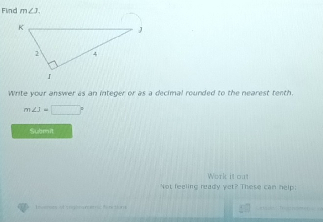 Solved: Find m∠ J. Write your answer as an integer or as a decimal ...