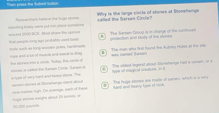 Solved: Then press the Submit button. Why is the large circle of stones ...