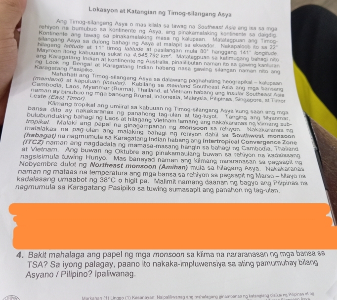Solved: Lokasyon at Katangian ng Timog-silangang Asya Ang Timog ...