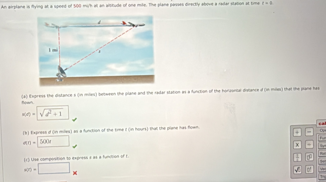 Solved: An airplane is flying at a speed of 500 mi/h at an altitude of ...