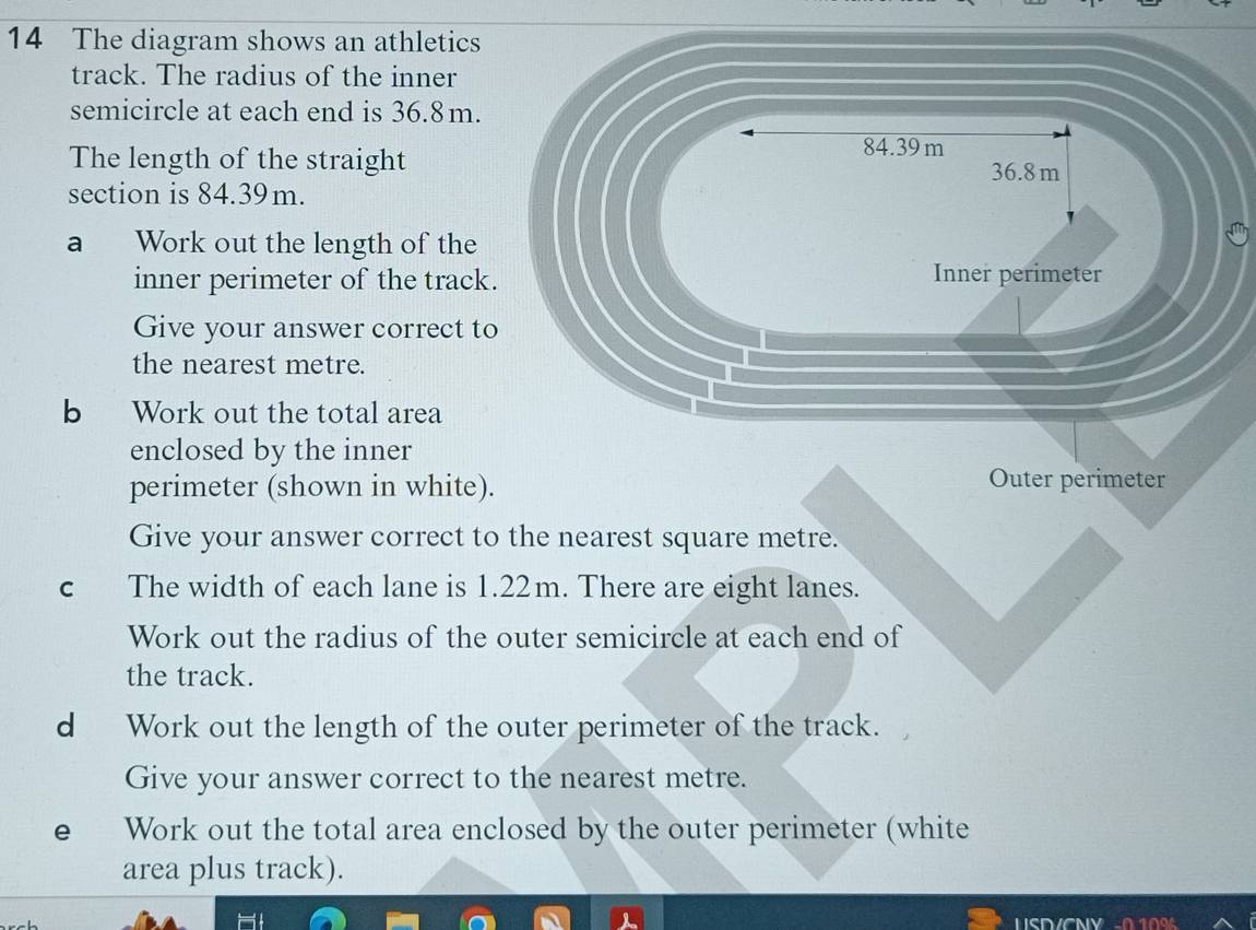 Solved: The diagram shows an athletics track. The radius of the inner ...
