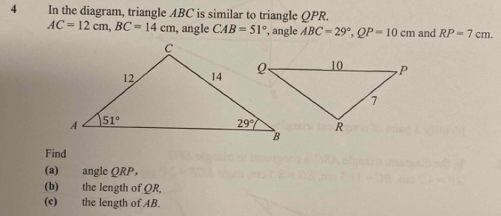 แก้ไขแล้ว:In the diagram, triangle ABC is similar to triangle QPR. AC ...