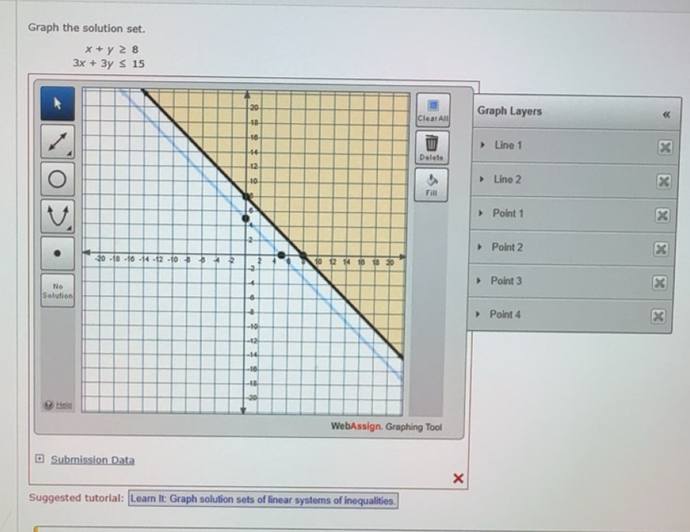 Solved: Graph the solution set. x+y≥slant 8 3x+3y≤ 15 Graph Layers 《 ClearAll Line 1 x Delete ...