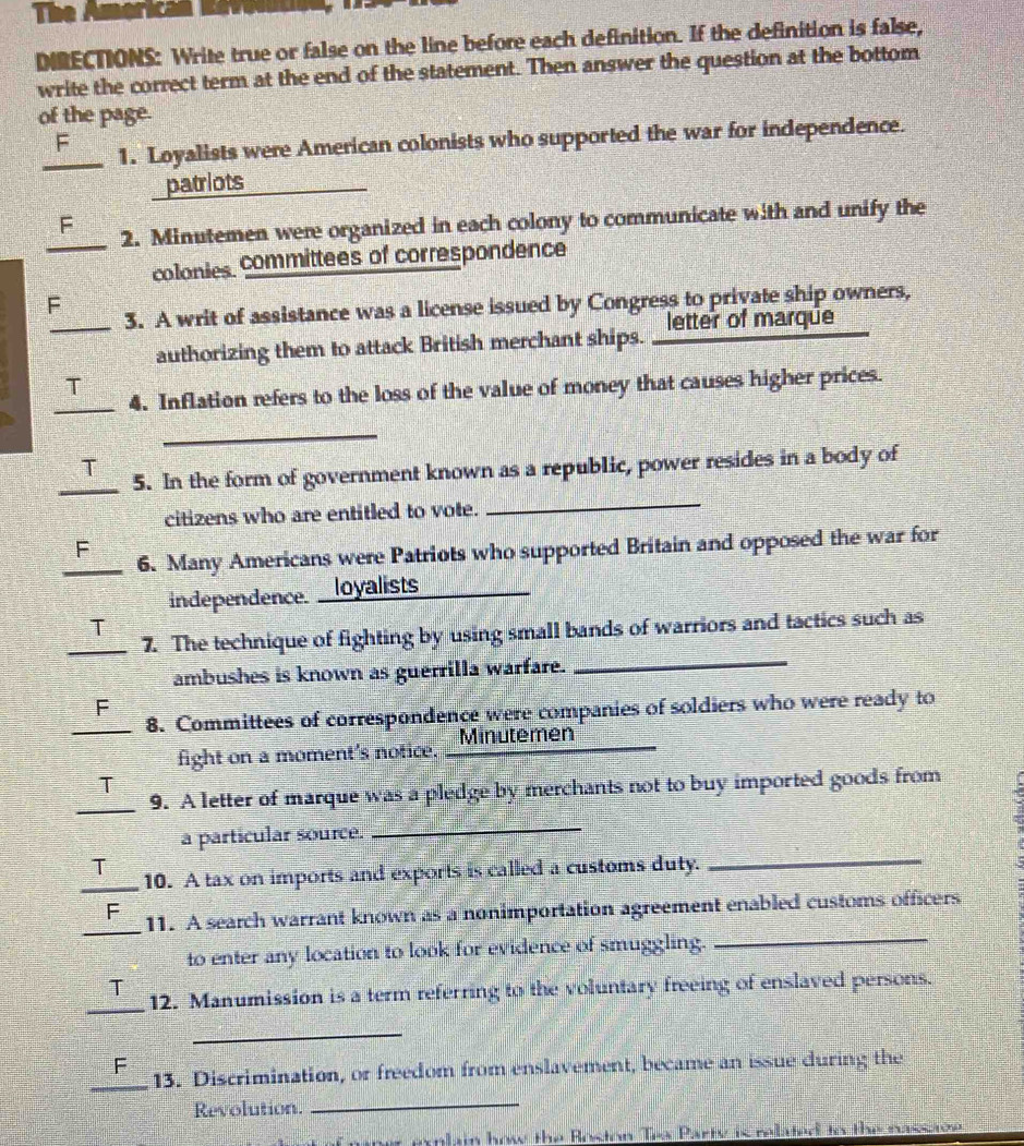 Solved: DIRECTIONS: Write true or false on the line before each ...