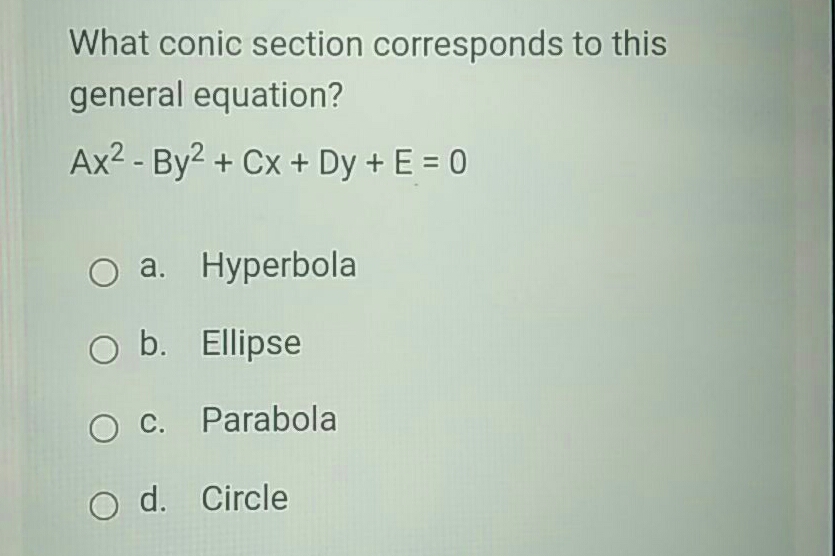 Solved What Conic Section Corresponds To This General Equation Ax 2