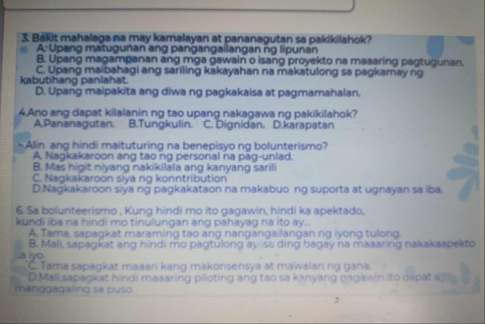 Solved: Bákit mahalaga na may kamalayan at pananagutan sa pakikilahok ...