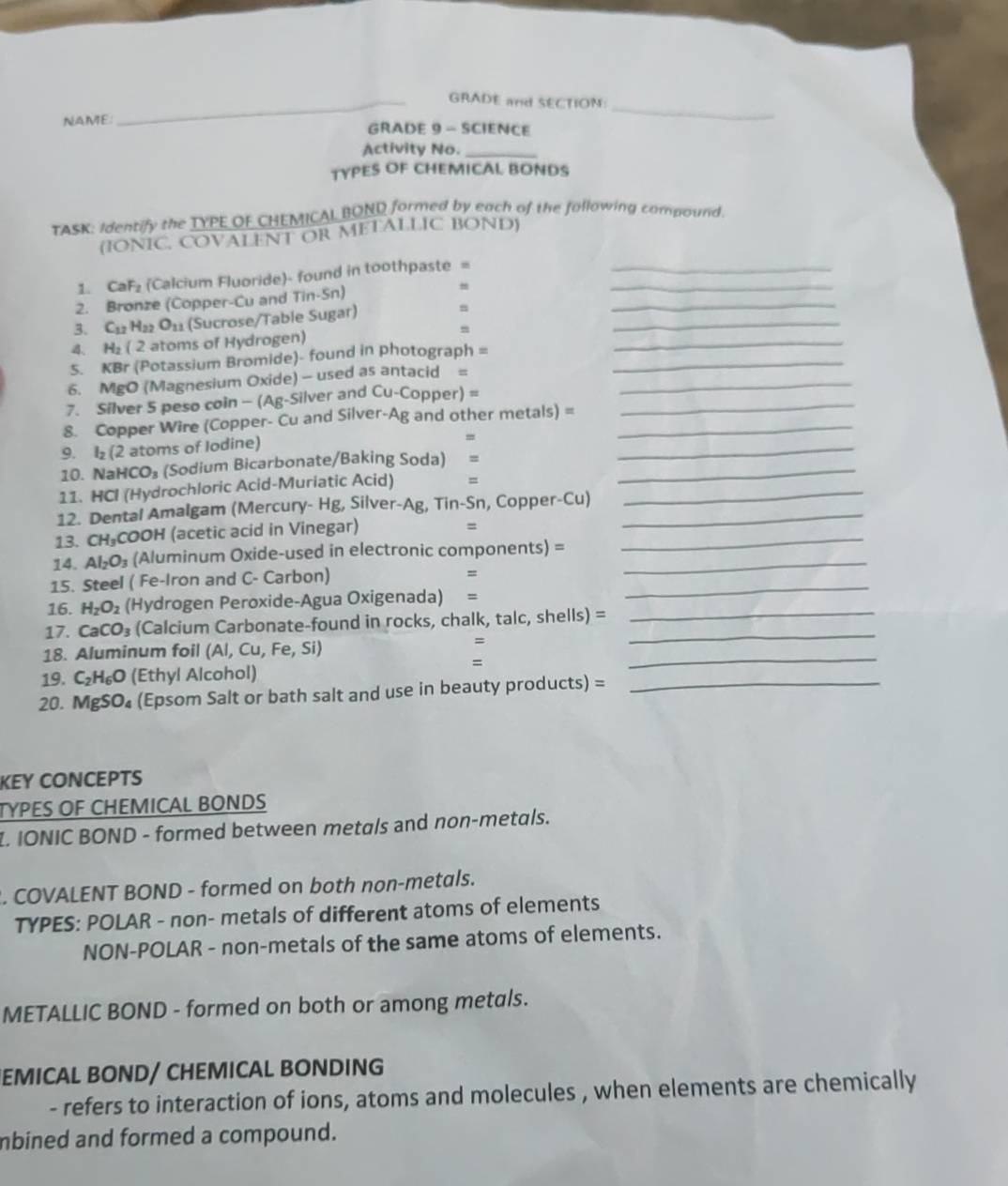 Solved: GRADE and SECTION: NAME _ GRADE 9 - SCIENCE Activity No._ TYPES ...