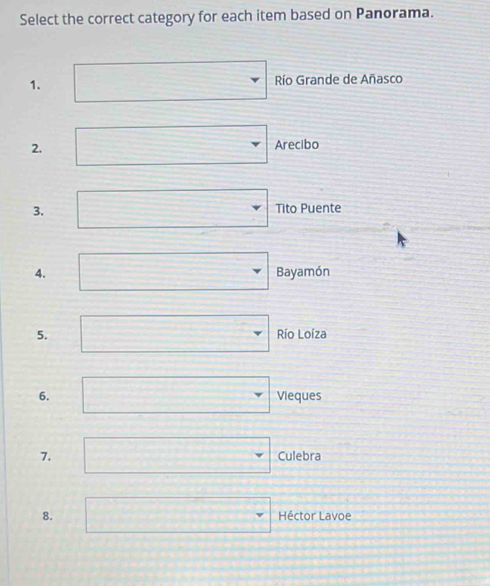 Solved: Select the correct category for each item based on Panorama. 1 ...