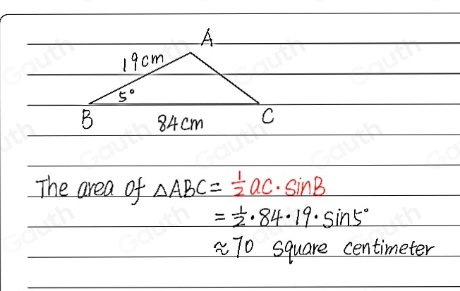 Solved: In ABC, c=19cm, a=84cm and ∠ B=5°. Find the area of ABC , to ...