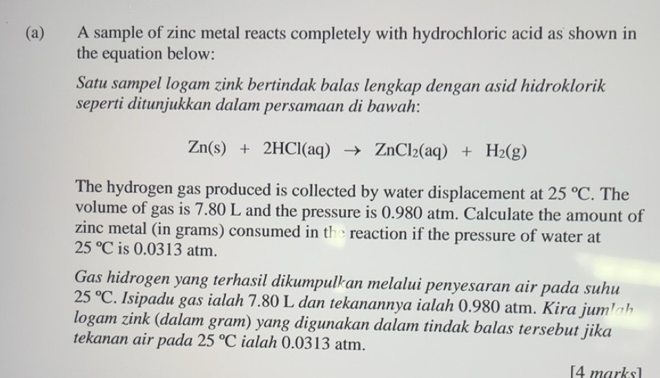 Selesai:A sample of zinc metal reacts completely with hydrochloric acid ...