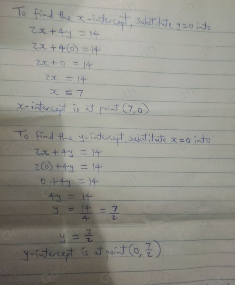 Solved: Find the x - and y-intercepts of the graph of 2x+4y=14. State ...