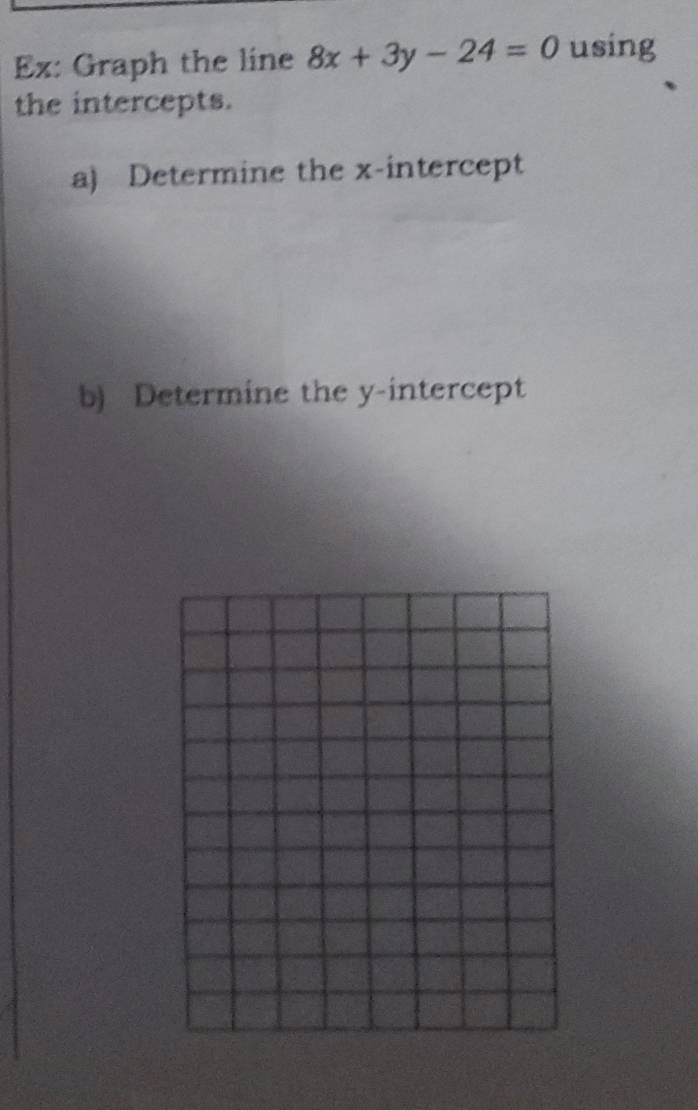 Solved: Ex: Graph the line 8x+3y-24=0 using the intercepts. a) Determine the x-intercept b) Det ...