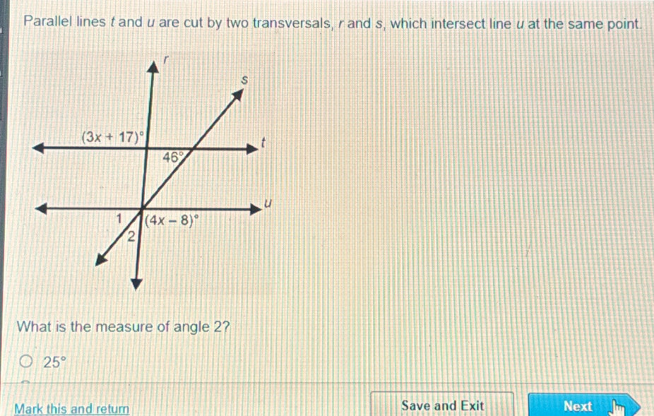 Solved: Parallel lines t and u are cut by two transversals, r and s ...