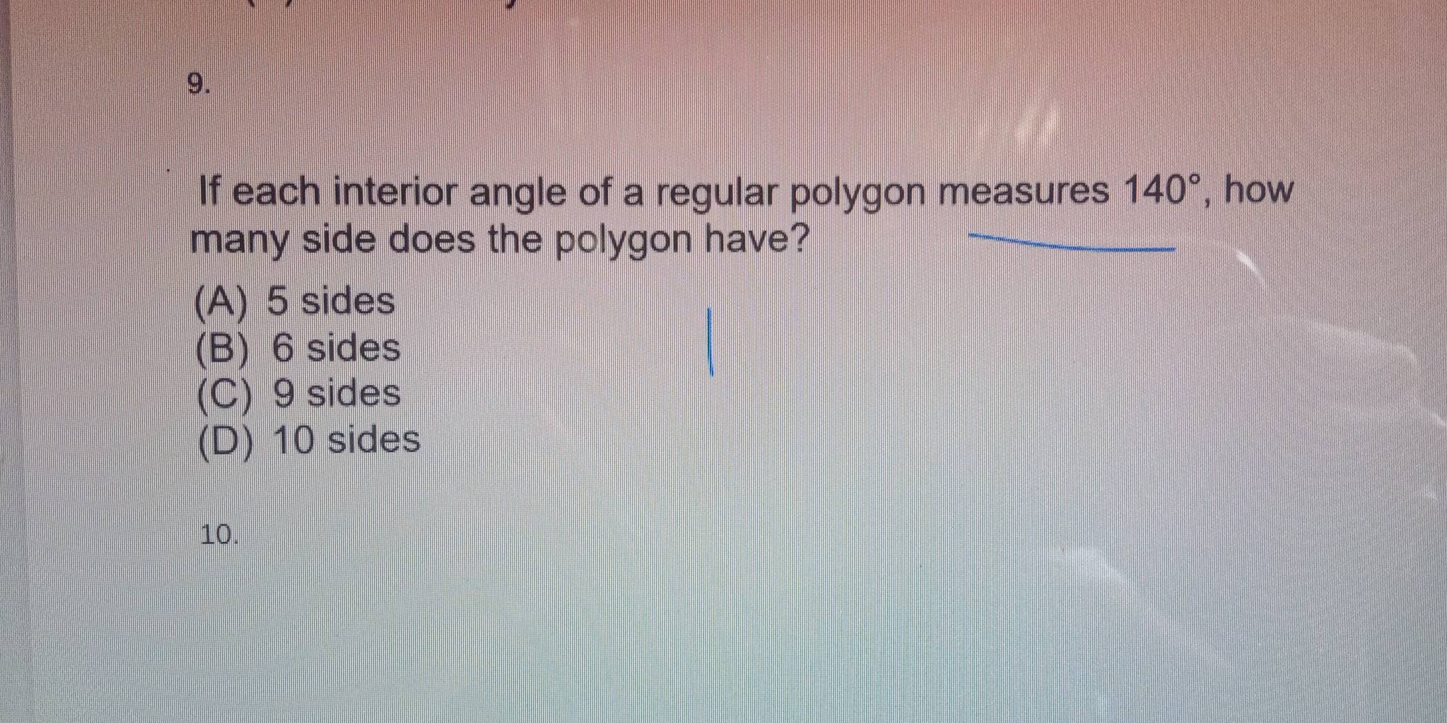Solved: If each interior angle of a regular polygon measures 140° , how ...