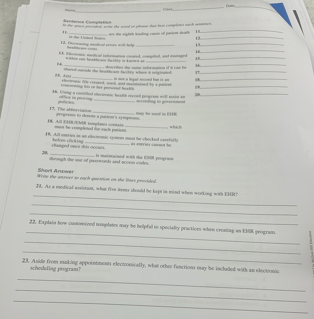 Solved: Date_ Name_ Class _ Sentence Completion In the space provided ...