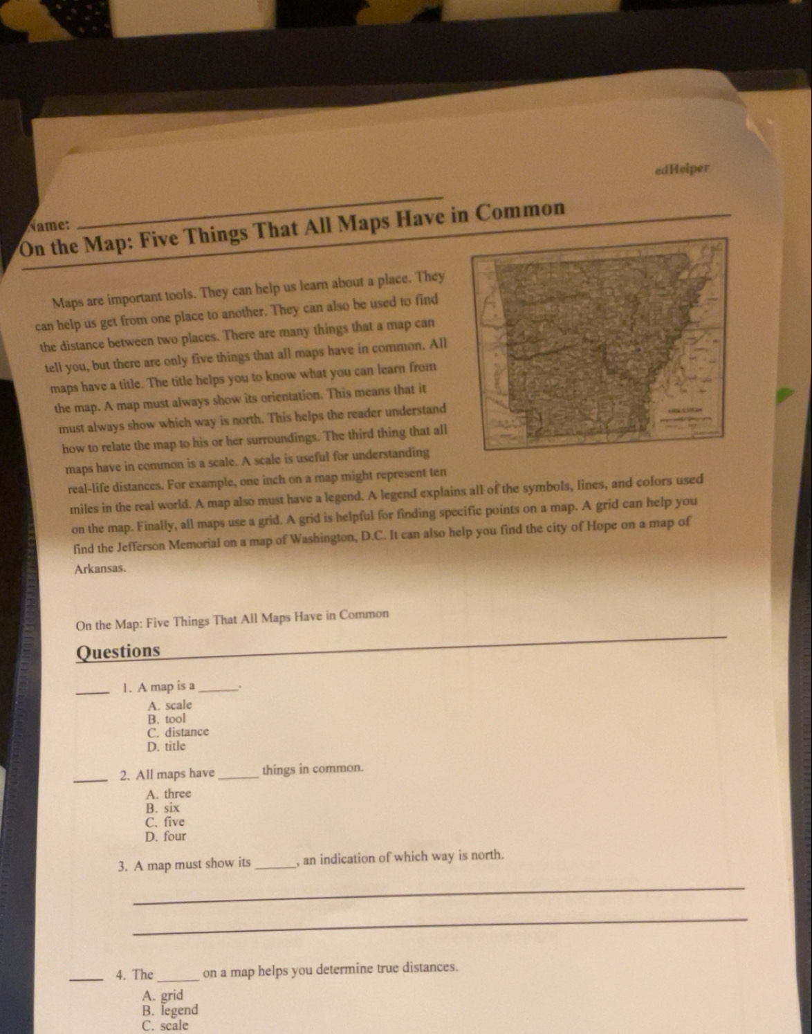 Solved: edHelper Name: _ On the Map: Five Things That All Maps Have in ...