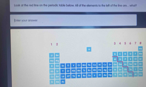Solved: Look at the red line on the periodic table below. All of the ...