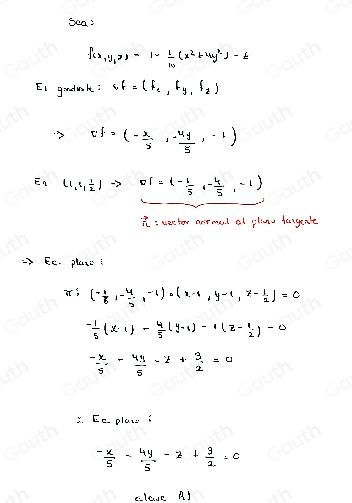 Resuelto:Hallar la ecuación del plano tangente al paraboloide z=1- 1/10 ...