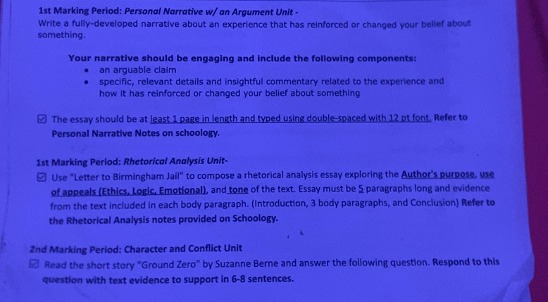 Solved: 1st Marking Period: Personal Narrative w/ an Argument Unit ...
