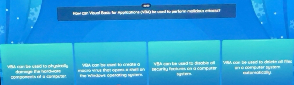 Solved: How can Visual Basic for Applications (VBA) be used to perform malicious attacks? VBA ...