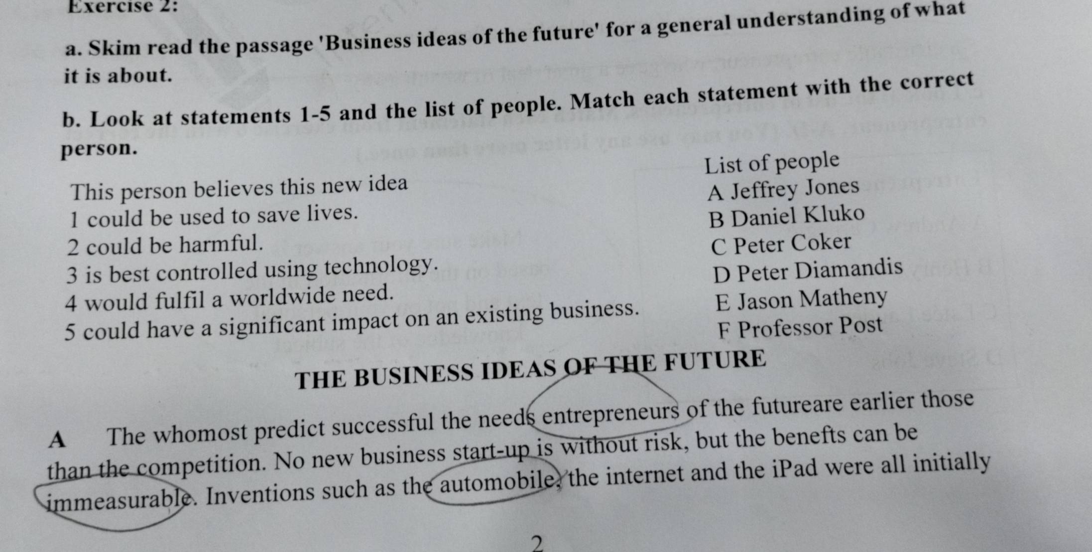 Giải quyết:Skim read the passage 'Business ideas of the future' for a ...