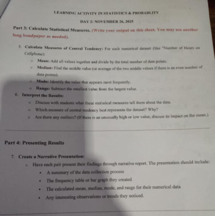 Solved: LEARNING ACTIVITY IN STATISTICS & PROBABLITY DAY 2: NOVEMBER 26 ...