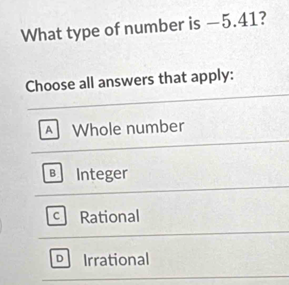 Solved: What type of number is —5.41? Choose all answers that apply: A Whole number B Integer C ...