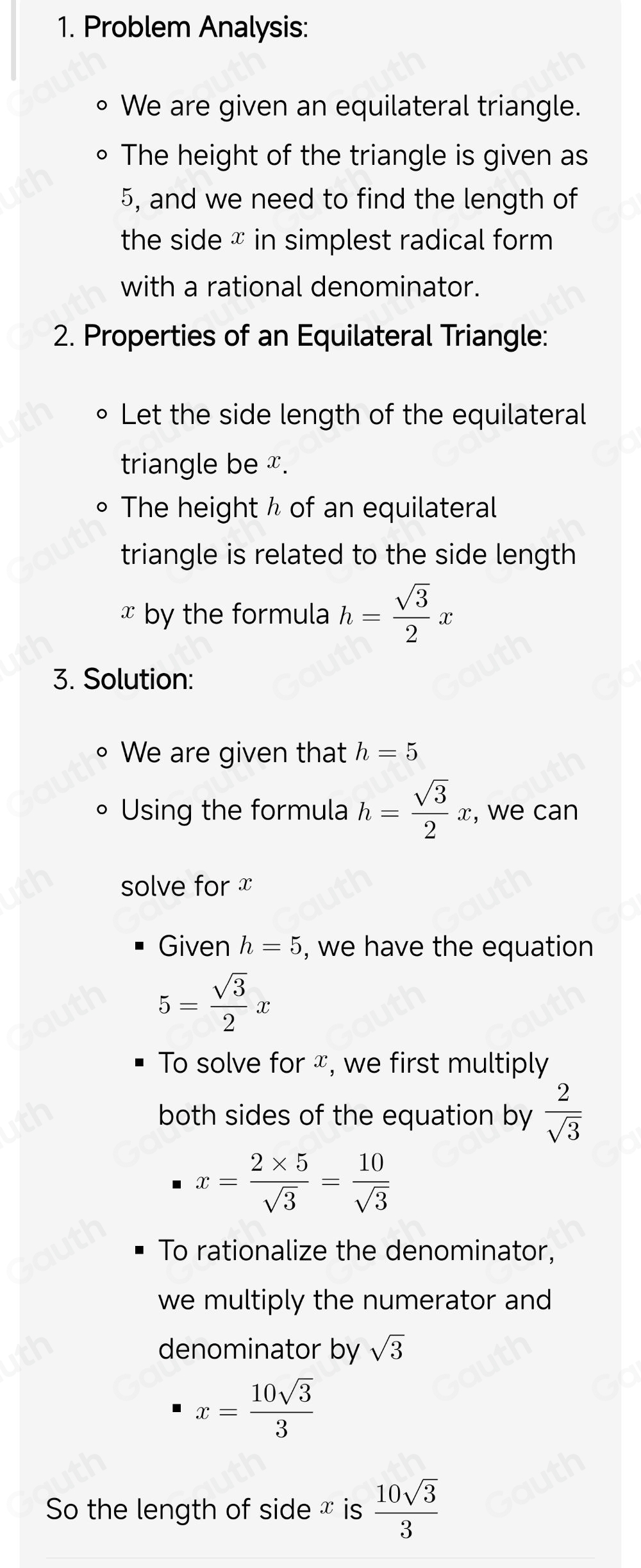 Solved: The triangle below is equilateral. Find the length of side x in ...