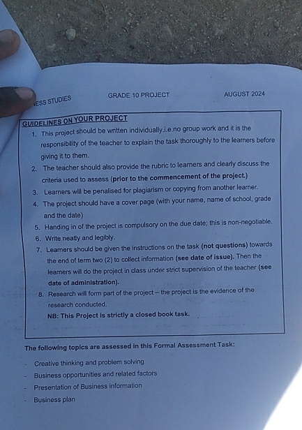 Solved: IESS STUDIES GRADE 10 PROJECT AUGUST 2024 GUIDELINES ON YOUR ...