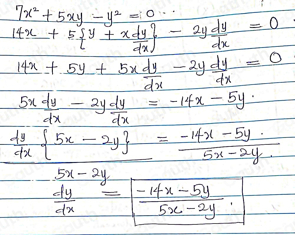 Solved: Find dy/dx by implicit differentiation. 7x^2+5xy-y^2=9 dy/dx ...