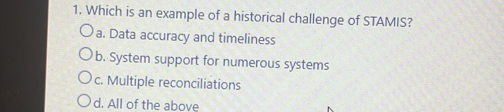 Solved: Which is an example of a historical challenge of STAMIS? a ...