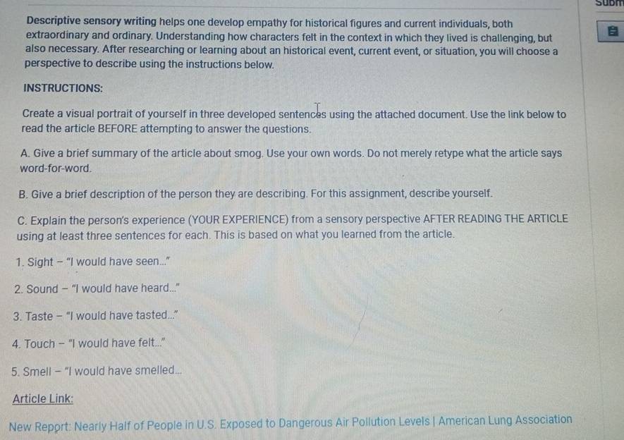 Solved: Descriptive sensory writing helps one develop empathy for ...