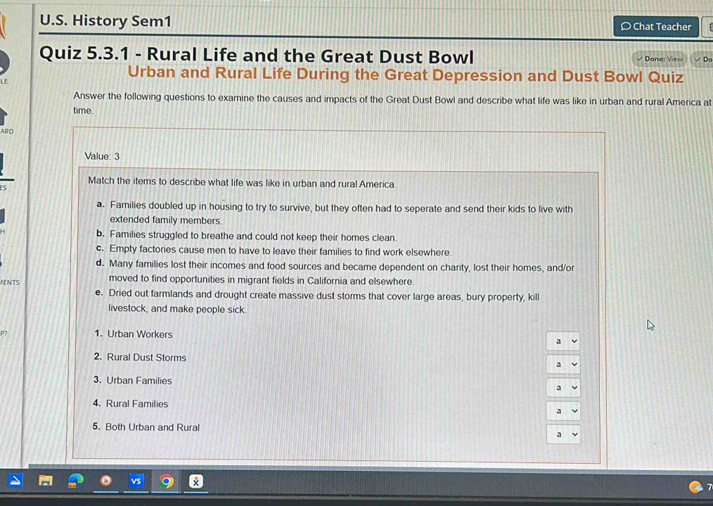 Solved: History Sem1 O Chat Teacher Quiz 5.3.1 - Rural Life and the ...