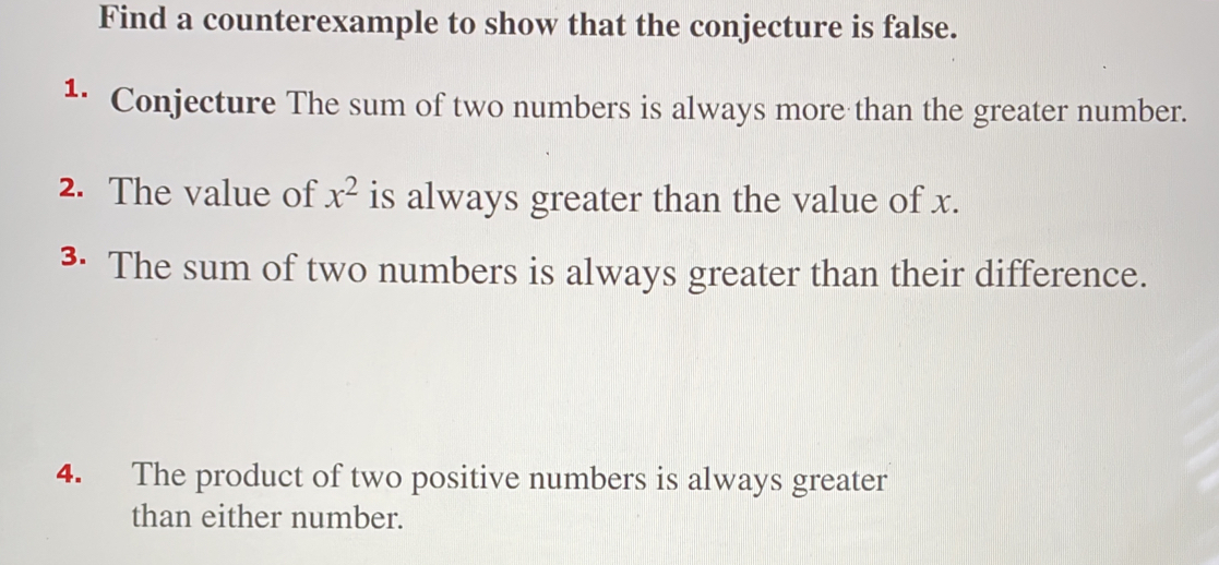Solved: Find a counterexample to show that the conjecture is false. 1 ...