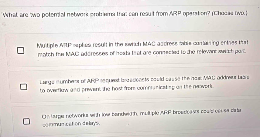 Solved: What are two potential network problems that can result from ARP operation? (Choose two ...