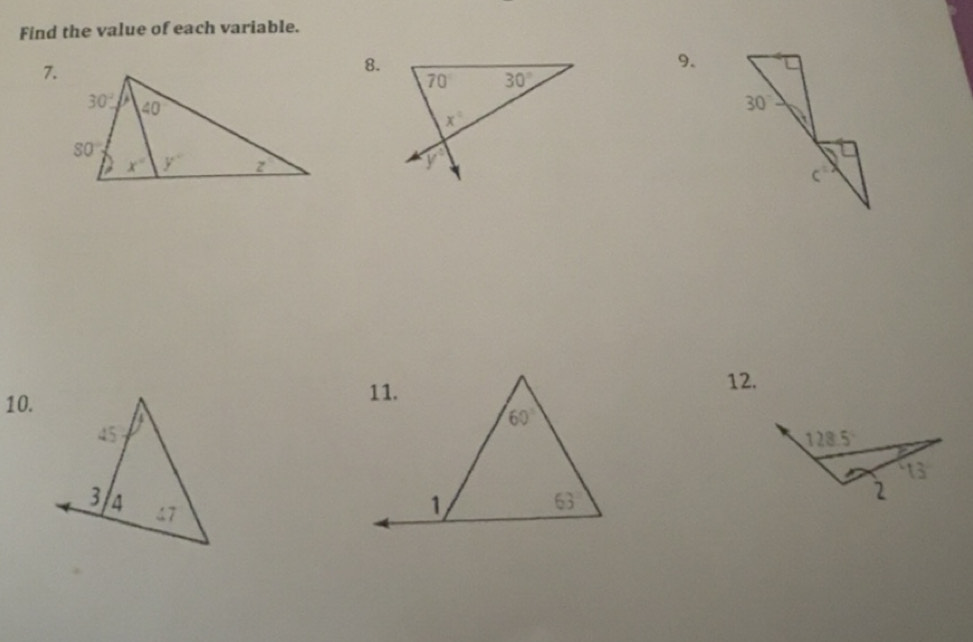 Solved: Find the value of each variable. 7. 8. 9. 12. 10. [Math]