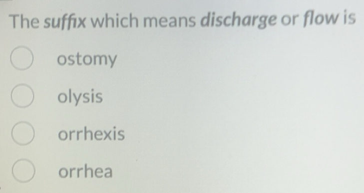 Solved: The suffıx which means discharge or flow is ostomy olysis ...