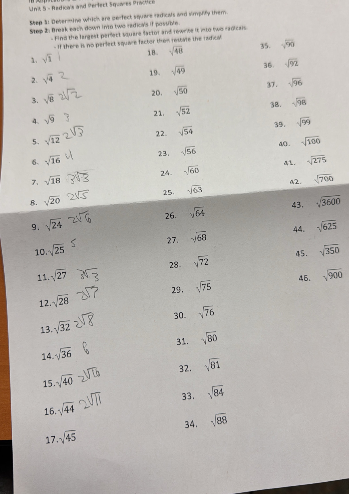 Solved: Radicals and Perfect Squares Practice Step 1: Determine which ...