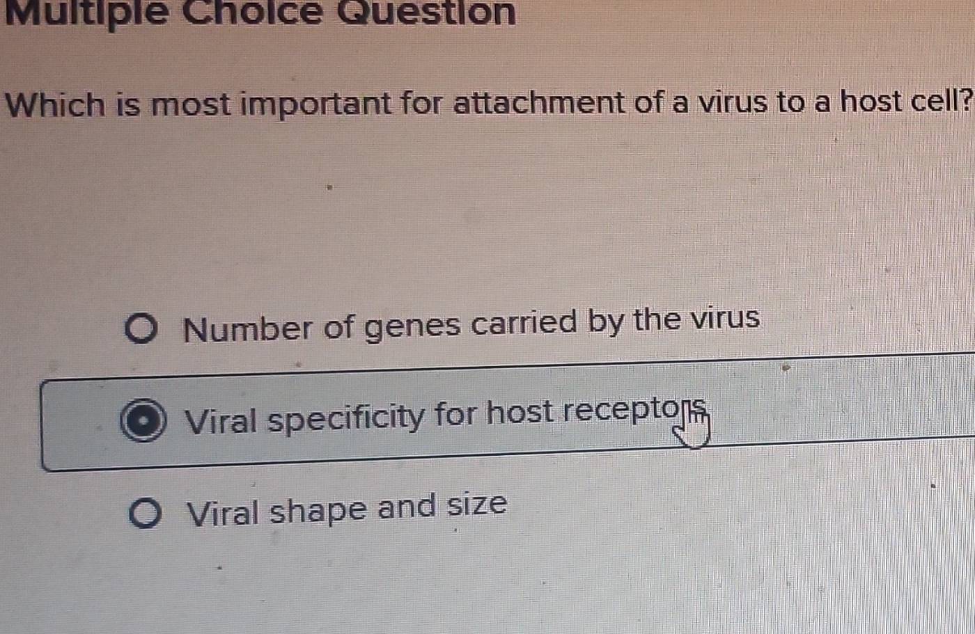 Solved: Question Which is most important for attachment of a virus to a ...