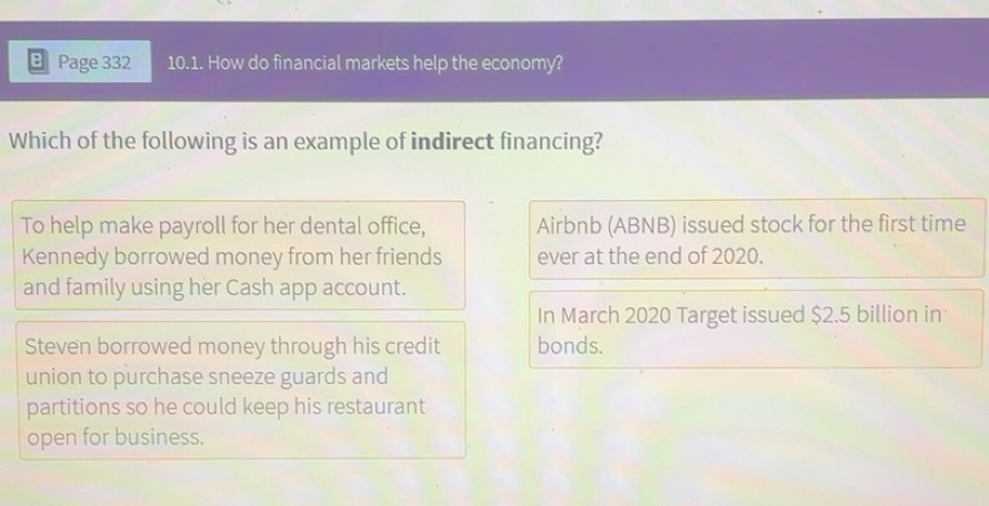 Solved: Page 332 10.1. How do financial markets help the economy? Which ...