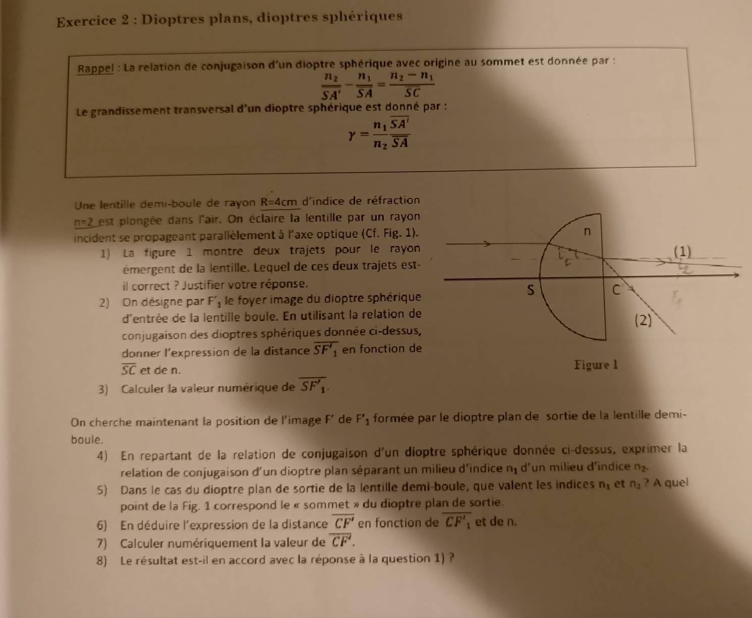 Résolu :Dioptres plans, dioptres sphériques Rappel : La relation de ...