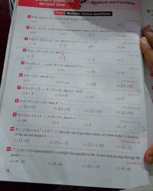 Solved: a n question on Unit One Relations and Functions First ...