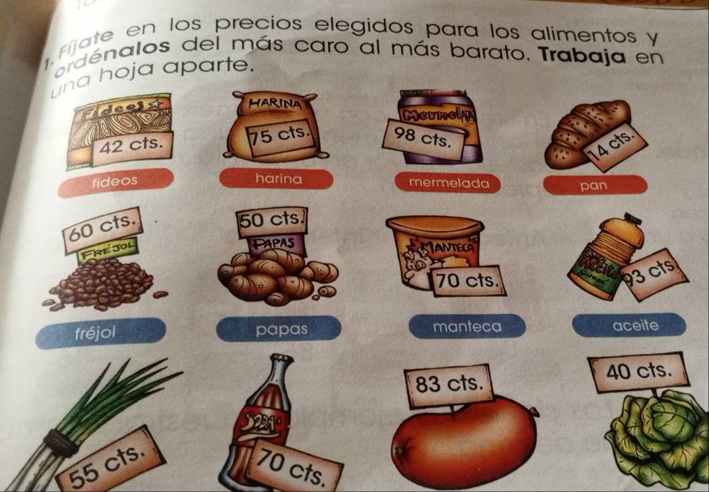 Resuelto:Fijate en los precios elegidos para los alimentos y ordénalos ...
