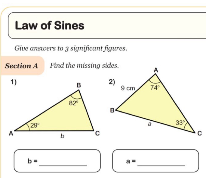 Résolu :Law of Sines Give answers to 3 significant figures. Section A ...