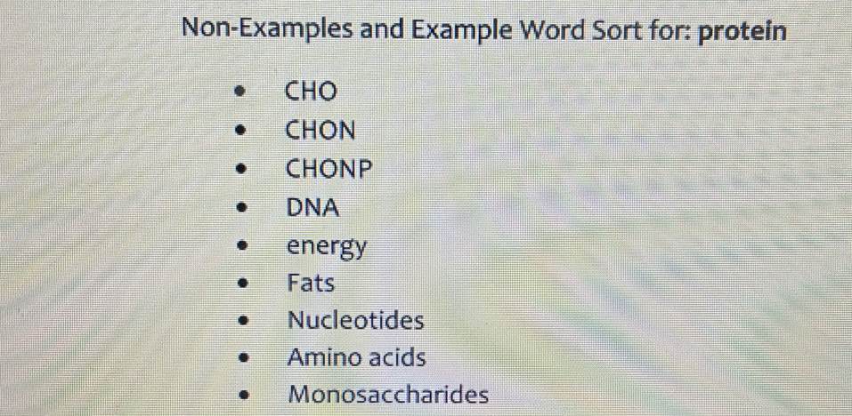 Solved: Non-Examples and Example Word Sort for: protein CHO CHON CHONP ...