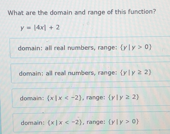 Solved: What are the domain and range of this function? y=|4x|+2 domain ...