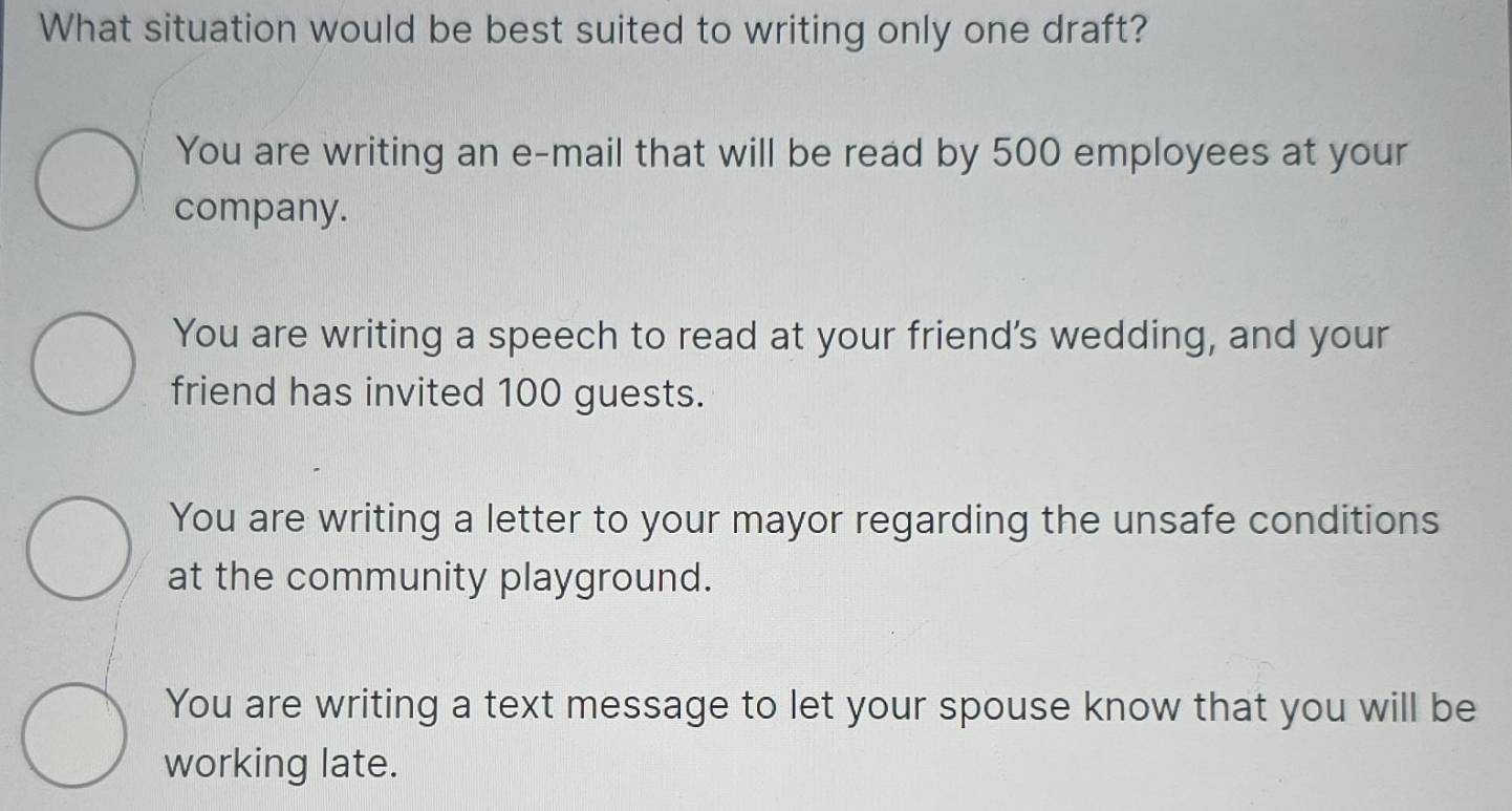 Solved: What situation would be best suited to writing only one draft ...