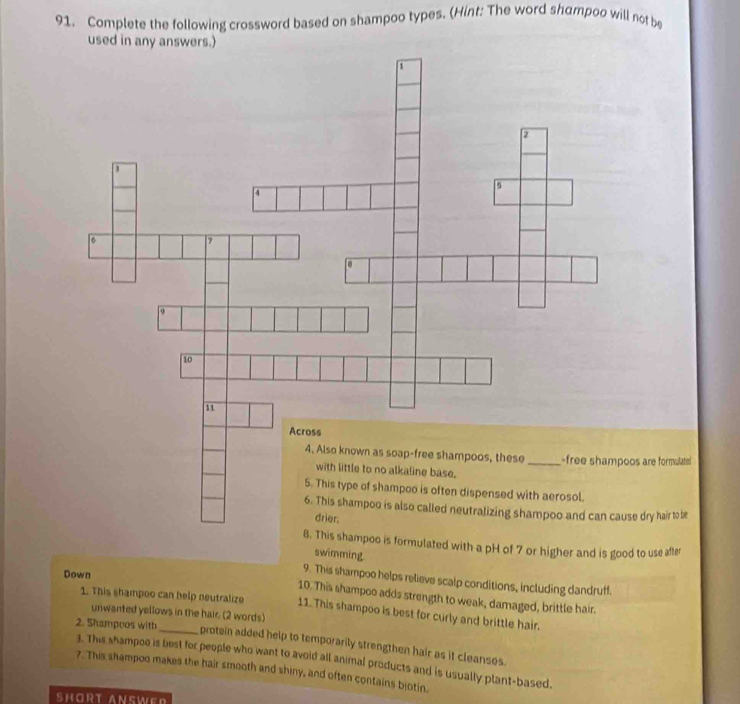Solved: Complete the following crossword based on shampoo types. (Hint ...